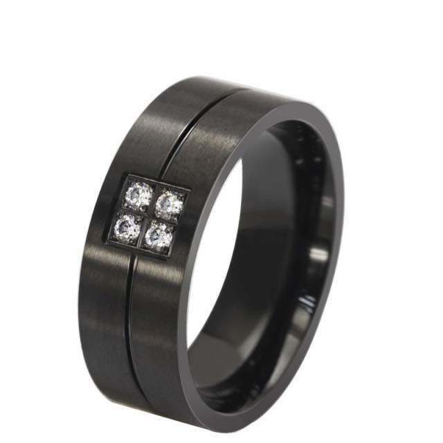 Inel inox placat cu rodiu negru si cu patru pietre zirconia albe ...